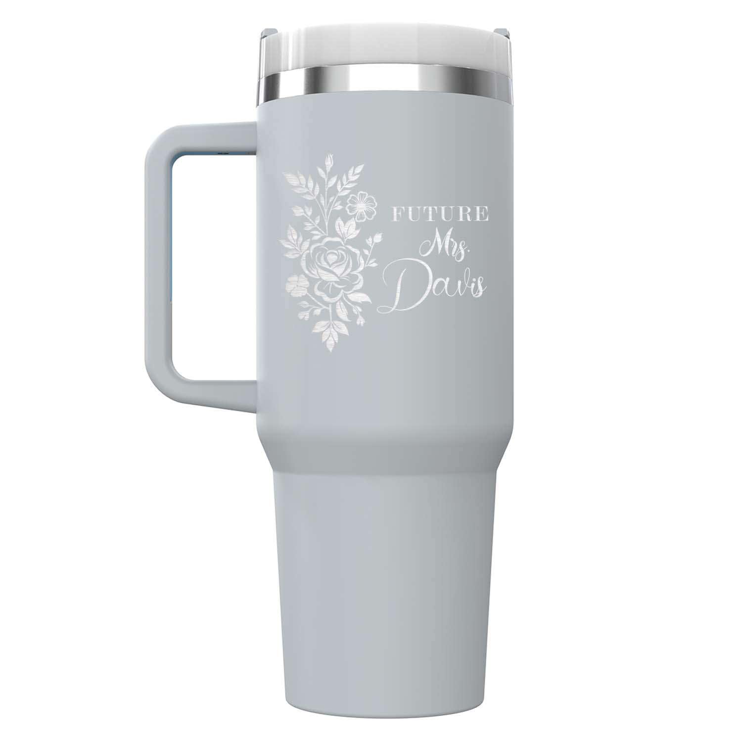 Custom Future Mrs. Engraved Insulated Stainless Steel Tumbler with Handle, Lid, and Straw 40 oz. Engagement Gift for Women Bride to Be Bridal Shower (Fog)