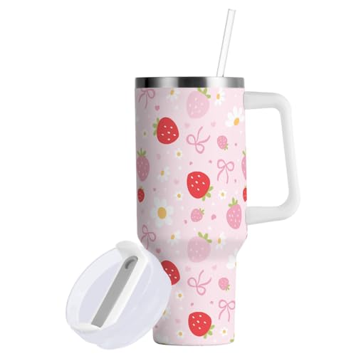 YNNALE 30 oz Tumbler with Straw & Handle - 2 in 1 Lids Leak Proof Tumblers - Large Insulated Stainless Steel Cup - BPA-Free Water Bottle Travel Metal Mug for Women Man,Bow Floral Cute Pink Strawberry