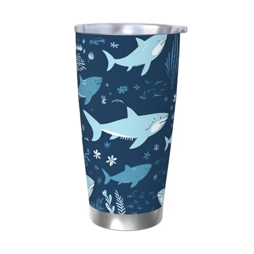 Sharks Tumbler with Lid and Straw 20oz Stainless Steel Car Cup for Hot and Cold Drinks, Double Wall Insulated Travel Coffee Mug Reusable Drink Thermos Cup Birthday Gifts