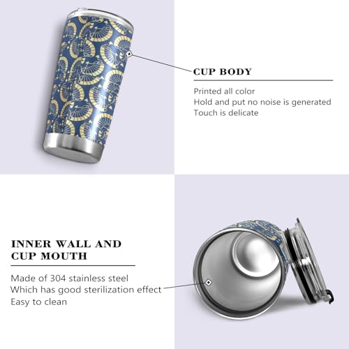 Amooorous Blue and Gold Sun Folding Fan Stainless Steel coffee cups with lids with Straw Leak Resistant Flip mug for hot drinks for hot and cold drinks simple tumblers with lids termos para cafe