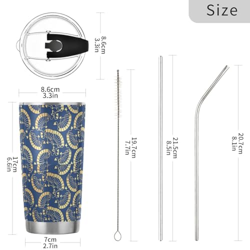 Amooorous Blue and Gold Sun Folding Fan Stainless Steel coffee cups with lids with Straw Leak Resistant Flip mug for hot drinks for hot and cold drinks simple tumblers with lids termos para cafe