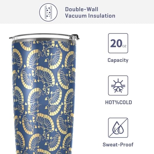Amooorous Blue and Gold Sun Folding Fan Stainless Steel coffee cups with lids with Straw Leak Resistant Flip mug for hot drinks for hot and cold drinks simple tumblers with lids termos para cafe