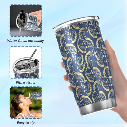 Amooorous Blue and Gold Sun Folding Fan Stainless Steel coffee cups with lids with Straw Leak Resistant Flip mug for hot drinks for hot and cold drinks simple tumblers with lids termos para cafe