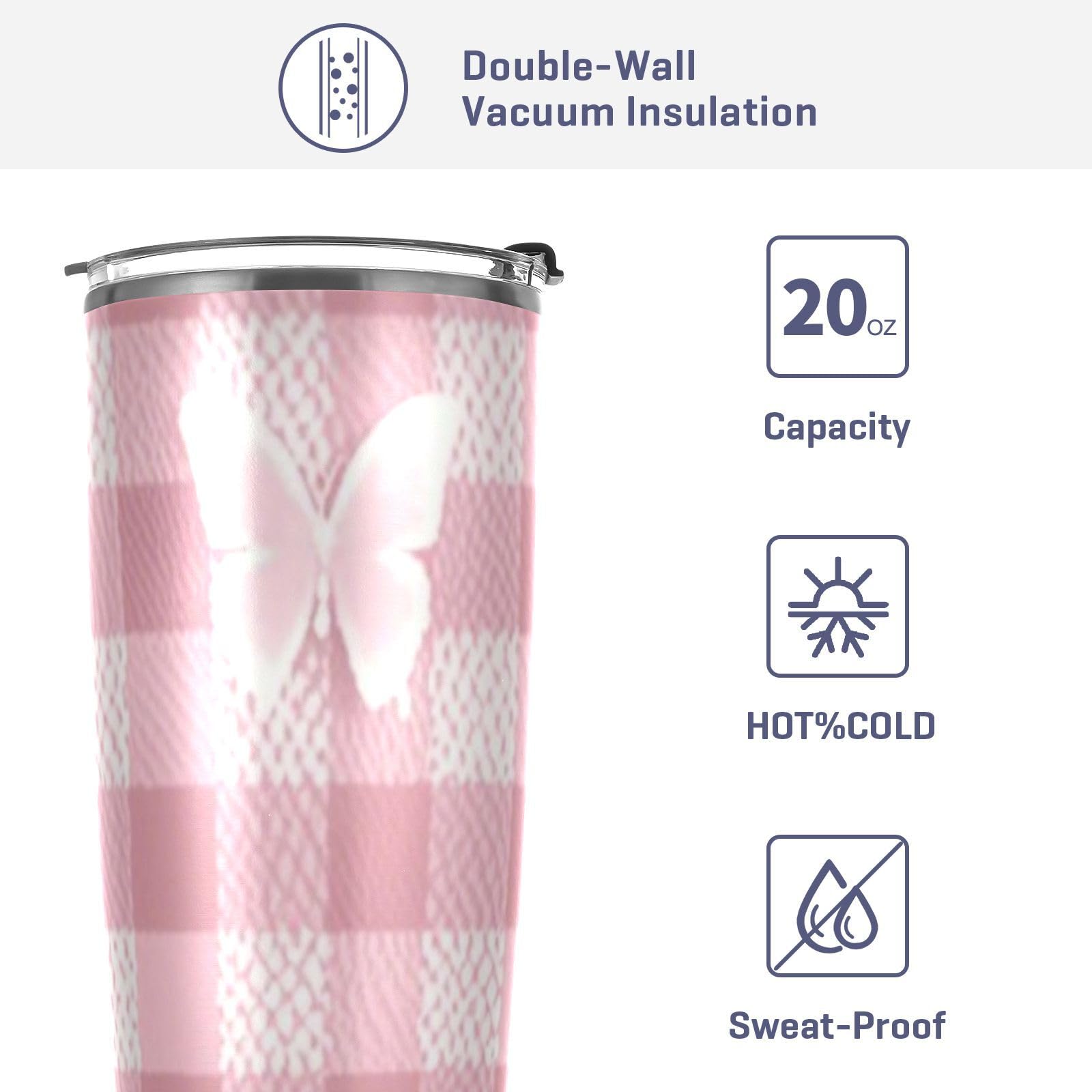 Amooorous Lovely Pink Lace Butterfly Plaid Stainless Steel insulated water bottle for home Leak-proof Lid and Straw coffee mug to go for camping vacuum insulated tumbler with lid vaso para