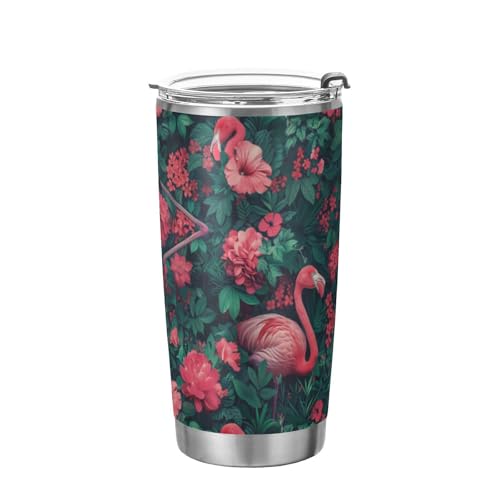 Flamingos with Red Flowers Stainless Steel coffee cups with lids with Lid and Straw coffee mug travel for School, Sports, Daycare, Camp & More cute straw tumbler 20oz vasos para agua gym 20oz