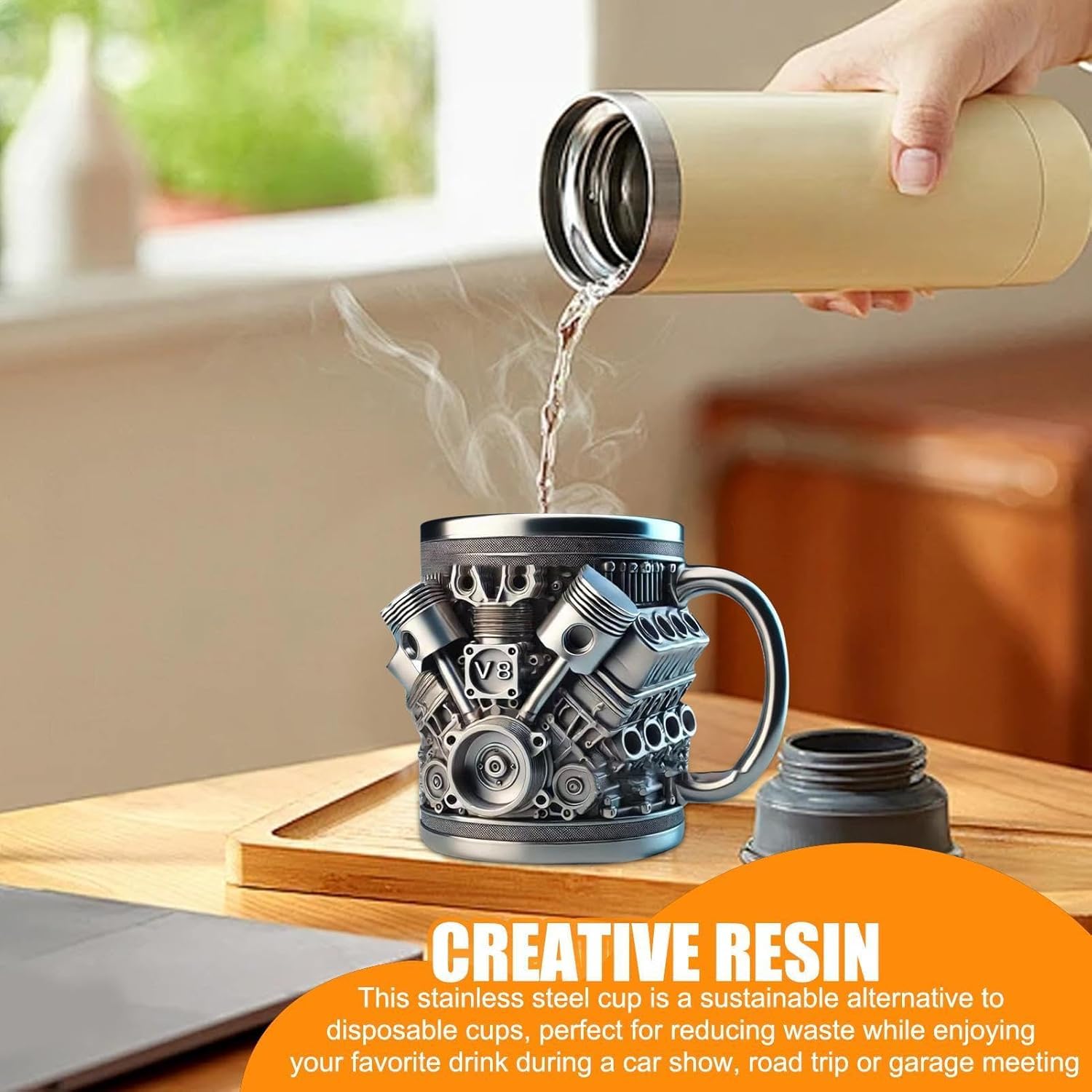 V8 Engines Car Coffee Mug, 15OZ V8 Engine Stainless Steel Cup, Creative Car Engine Coffee Tumbler with Insulated Handle, 3D Stainless Steel Tumbler for Mechanics, for Vehicle Lovers Gift (V6)