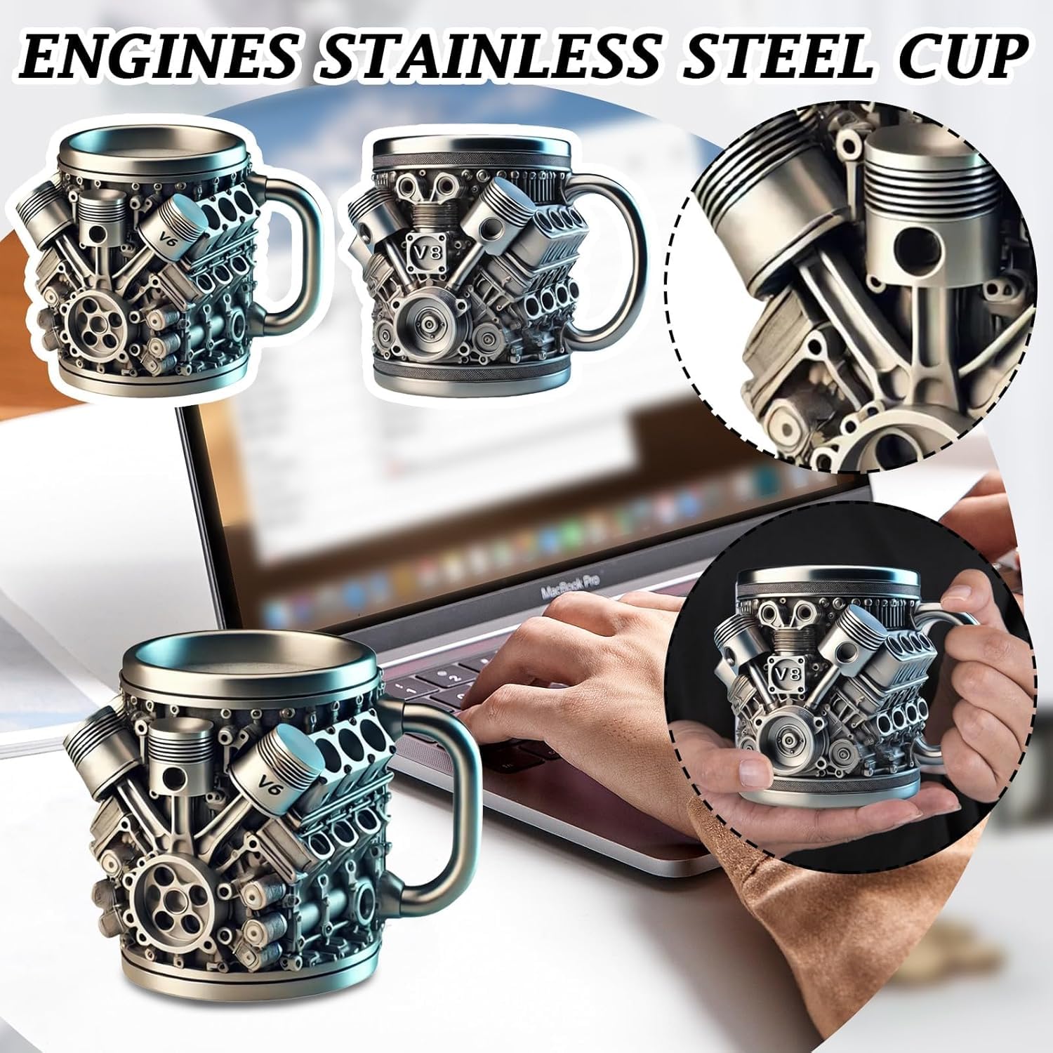 V8 Engines Car Coffee Mug, 15OZ V8 Engine Stainless Steel Cup, Creative Car Engine Coffee Tumbler with Insulated Handle, 3D Stainless Steel Tumbler for Mechanics, for Vehicle Lovers Gift (V6)