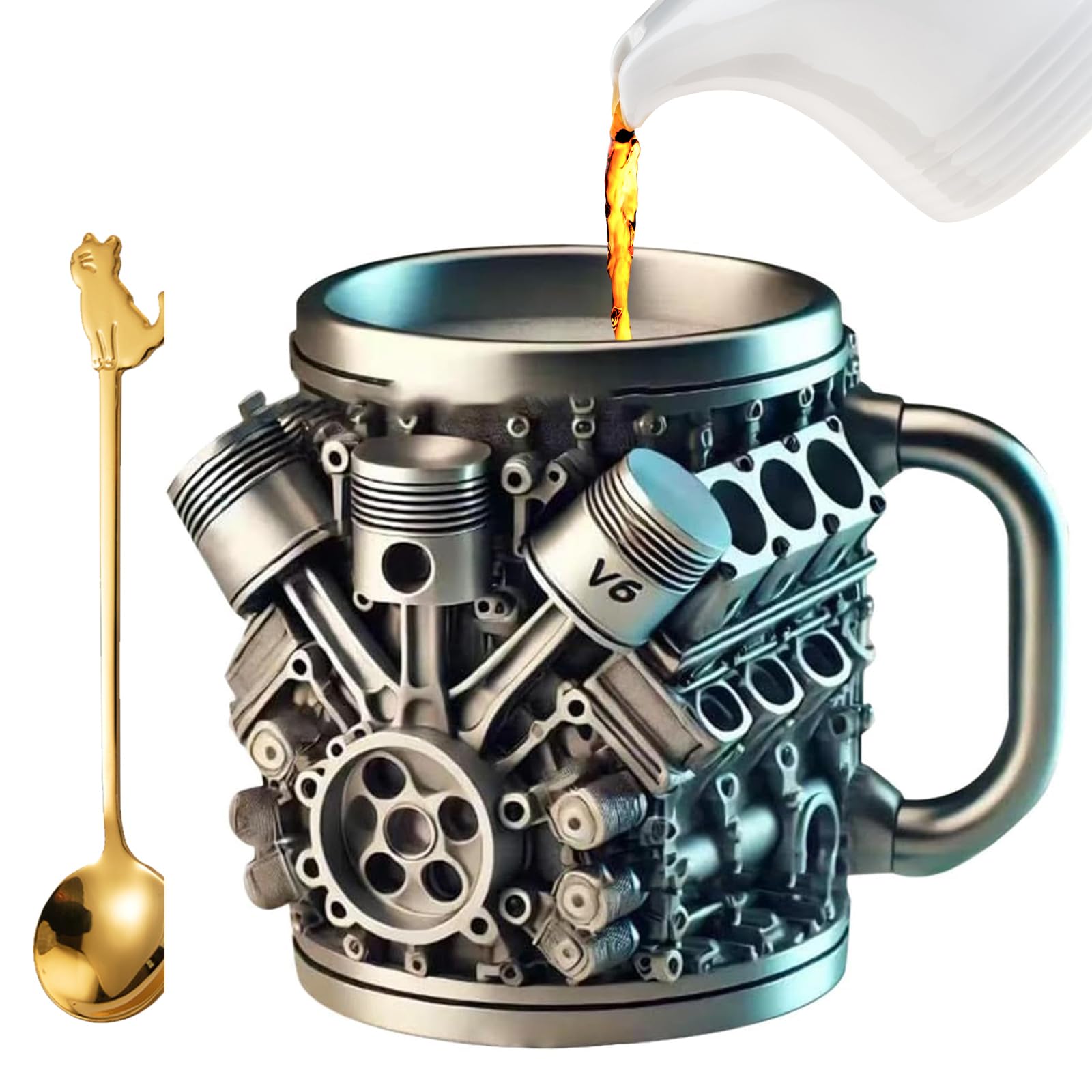 V8 Engines Car Coffee Mug, 15OZ V8 Engine Stainless Steel Cup, Creative Car Engine Coffee Tumbler with Insulated Handle, 3D Stainless Steel Tumbler for Mechanics, for Vehicle Lovers Gift (V6)