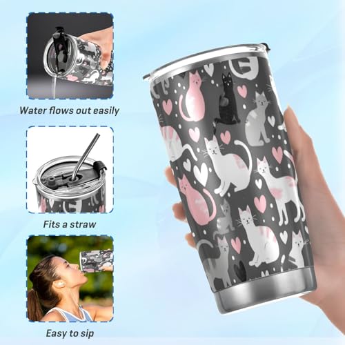 Cartoon Cute Grey White Peach Cats Stainless Steel insulated water bottle with straw Leak-proof Lid and Straw coffee travel mug 20oz for café portable flip straw tumbler taza termica para cafe