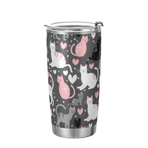 Cartoon Cute Grey White Peach Cats Stainless Steel insulated water bottle with straw Leak-proof Lid and Straw coffee travel mug 20oz for café portable flip straw tumbler taza termica para cafe