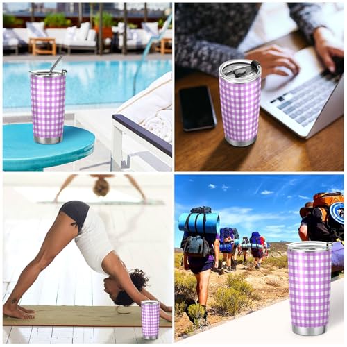 Purple and White Checkered Stainless Steel vacuum insulated water bottle with Lid and Straw coffee travel mug 20oz for Water, Iced Tea or Coffee leakproof tumblers with lids botellas para agua
