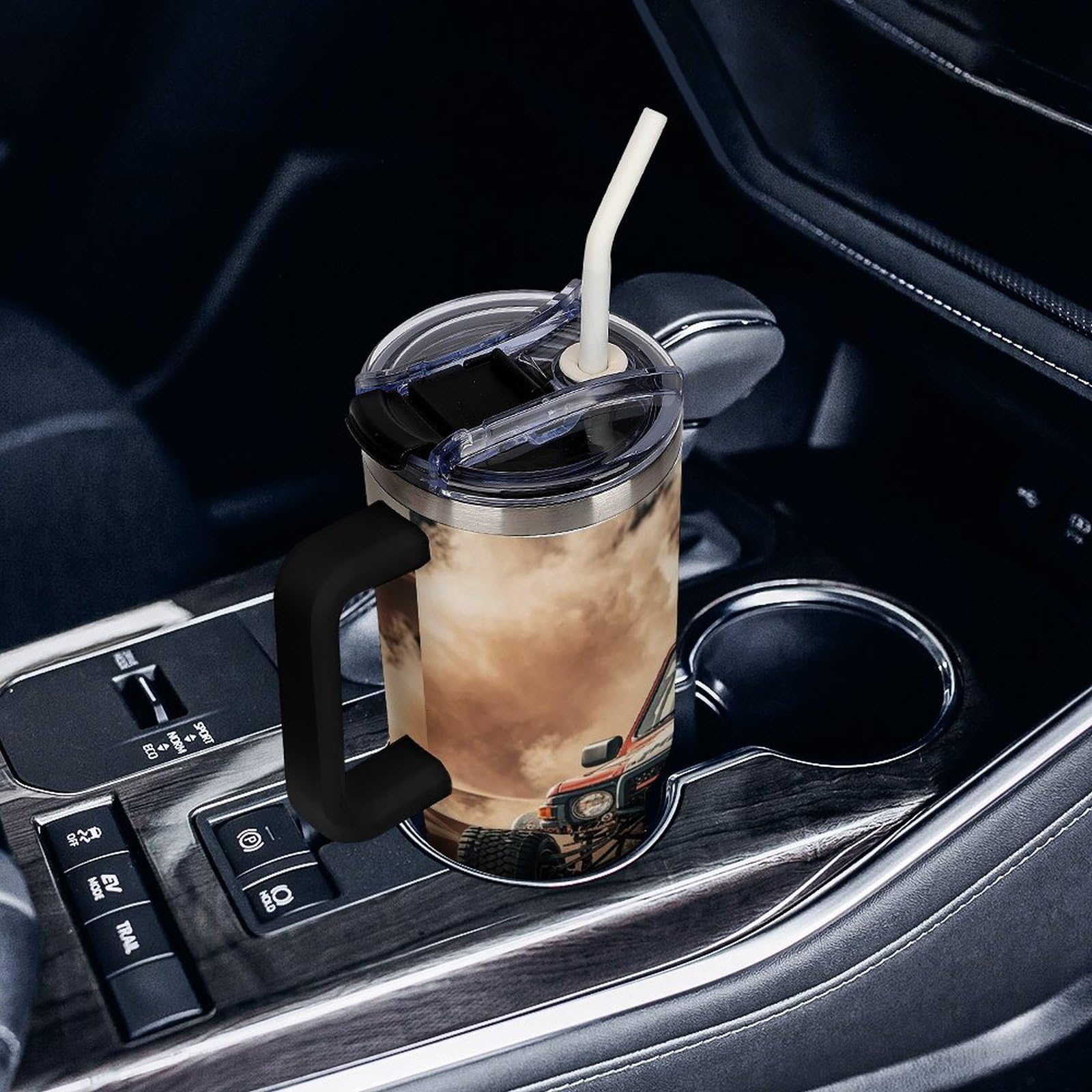 FHESDCW Off-road Racing Tumbler with Handle And Straw 40 Oz Leak Proof Large Capacity Car Cup Cupholder Friendly Stainless Steel Travel Coffee Mug Keep Cold Or Hot Black-style