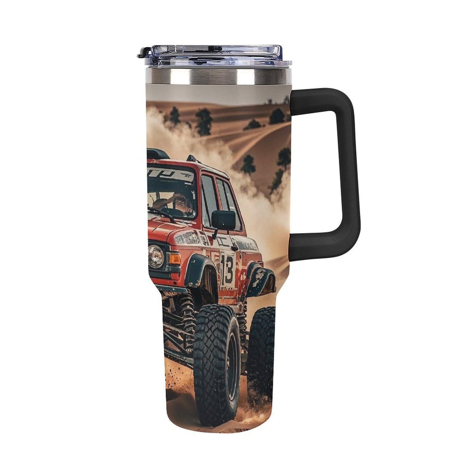FHESDCW Off-road Racing Tumbler with Handle And Straw 40 Oz Leak Proof Large Capacity Car Cup Cupholder Friendly Stainless Steel Travel Coffee Mug Keep Cold Or Hot Black-style
