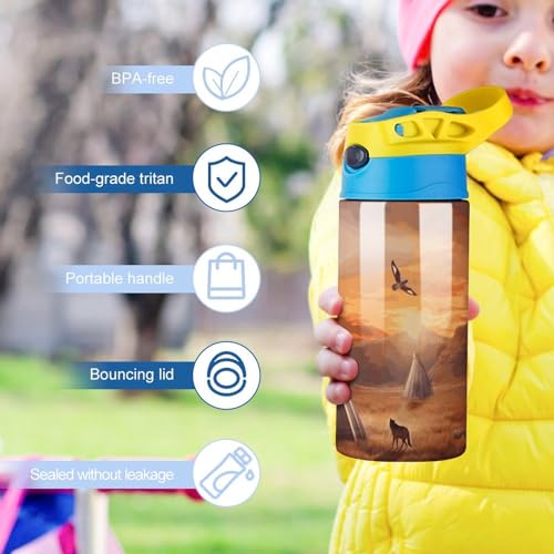 Stainless Steel Water Bottles Native American Tribes Travel Water Cups with Handle And Silicone Straw Drinking Cup with Leak Proof Lid Thermo Travel Mug for Women Men