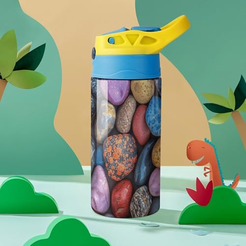 Stainless Steel Water Bottles Pebbles And Rocks Travel Water Cups with Handle And Silicone Straw Drinking Cup with Leak Proof Lid Thermo Travel Mug for Women Men