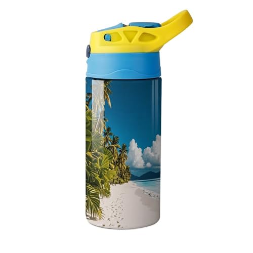Stainless Steel Water Bottles White Beach Tropical Sea Travel Water Cups with Handle And Silicone Straw Drinking Cup with Leak Proof Lid Thermo Travel Mug for Women Men