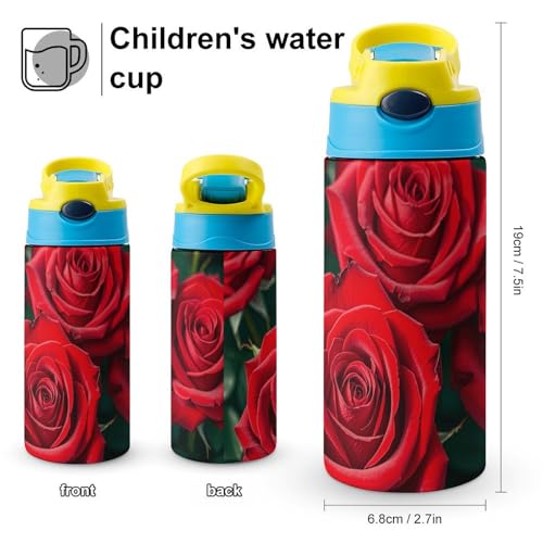 Stainless Steel Water Bottles Many Red Rose Travel Water Cups with Handle And Silicone Straw Drinking Cup with Leak Proof Lid Thermo Travel Mug for Women Men