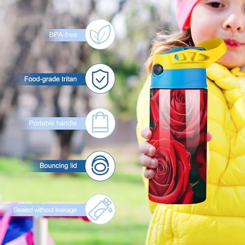 Stainless Steel Water Bottles Many Red Rose Travel Water Cups with Handle And Silicone Straw Drinking Cup with Leak Proof Lid Thermo Travel Mug for Women Men