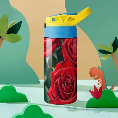 Stainless Steel Water Bottles Many Red Rose Travel Water Cups with Handle And Silicone Straw Drinking Cup with Leak Proof Lid Thermo Travel Mug for Women Men