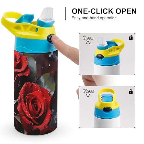 Stainless Steel Water Bottles Romantic Red Roses Travel Water Cups with Handle And Silicone Straw Drinking Cup with Leak Proof Lid Thermo Travel Mug for Women Men