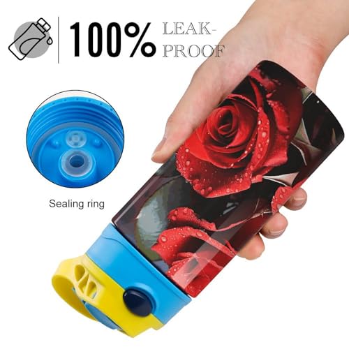 Stainless Steel Water Bottles Romantic Red Roses Travel Water Cups with Handle And Silicone Straw Drinking Cup with Leak Proof Lid Thermo Travel Mug for Women Men
