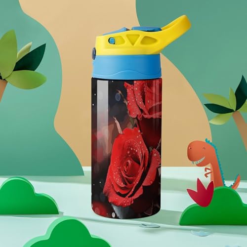 Stainless Steel Water Bottles Romantic Red Roses Travel Water Cups with Handle And Silicone Straw Drinking Cup with Leak Proof Lid Thermo Travel Mug for Women Men