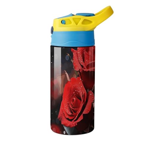 Stainless Steel Water Bottles Romantic Red Roses Travel Water Cups with Handle And Silicone Straw Drinking Cup with Leak Proof Lid Thermo Travel Mug for Women Men
