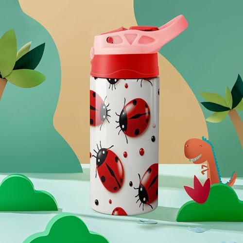 Stainless Steel Water Bottles Red Ladybug Travel Water Cups with Handle And Silicone Straw Drinking Cup with Leak Proof Lid Thermo Travel Mug for Women Men