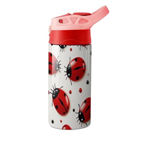 Stainless Steel Water Bottles Red Ladybug Travel Water Cups with Handle And Silicone Straw Drinking Cup with Leak Proof Lid Thermo Travel Mug for Women Men