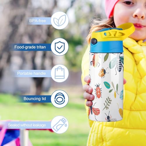 Stainless Steel Water Bottles Bright Insect Pattern Travel Water Cups with Handle And Silicone Straw Drinking Cup with Leak Proof Lid Thermo Travel Mug for Women Men