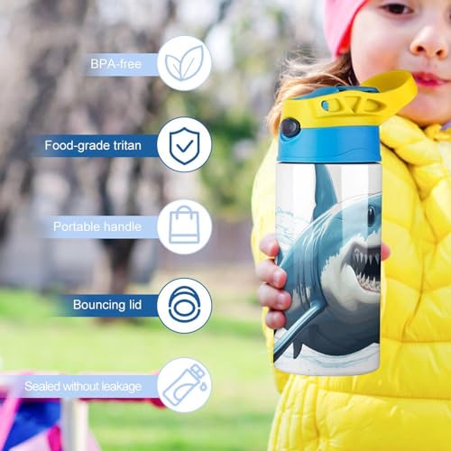 Stainless Steel Water Bottles Blue Shark Travel Water Cups with Handle And Silicone Straw Drinking Cup with Leak Proof Lid Thermo Travel Mug for Women Men