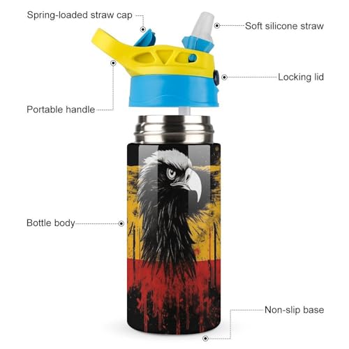 Stainless Steel Water Bottles Germany Flag Eagle Travel Water Cups with Handle And Silicone Straw Drinking Cup with Leak Proof Lid Thermo Travel Mug for Women Men