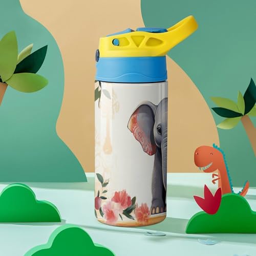 Stainless Steel Water Bottles Lucky Elephant Travel Water Cups with Handle And Silicone Straw Drinking Cup with Leak Proof Lid Thermo Travel Mug for Women Men