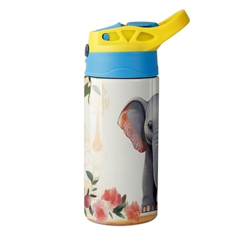 Stainless Steel Water Bottles Lucky Elephant Travel Water Cups with Handle And Silicone Straw Drinking Cup with Leak Proof Lid Thermo Travel Mug for Women Men