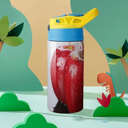 Stainless Steel Water Bottles Red Apple Fruit Travel Water Cups with Handle And Silicone Straw Drinking Cup with Leak Proof Lid Thermo Travel Mug for Women Men