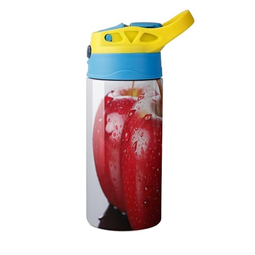 Stainless Steel Water Bottles Red Apple Fruit Travel Water Cups with Handle And Silicone Straw Drinking Cup with Leak Proof Lid Thermo Travel Mug for Women Men