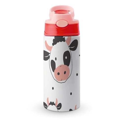 Stainless Steel Water Bottles Cartoon Cow Print Travel Water Cups with Handle And Silicone Straw Drinking Cup with Leak Proof Lid Thermo Travel Mug for Women Men