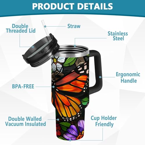 Bokkoy Big Orange Butterfly 40 oz/30 oz Tumbler with Handle and Straw Stainless Steel Tumbler with Lid Reusable Vacuum Insulated Cup
