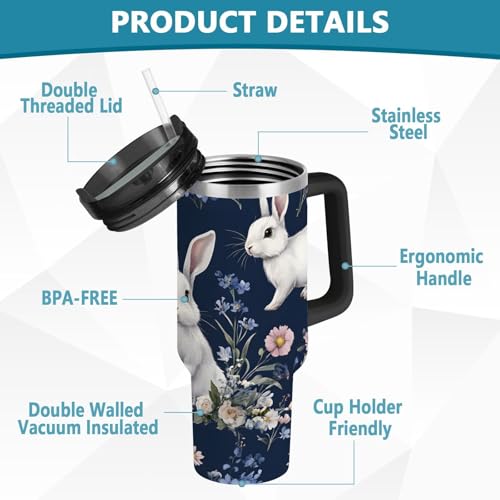 Bokkoy Cute Rabbits 40 oz/30 oz Tumbler with Handle and Straw Stainless Steel Tumbler with Lid Reusable Vacuum Insulated Cup