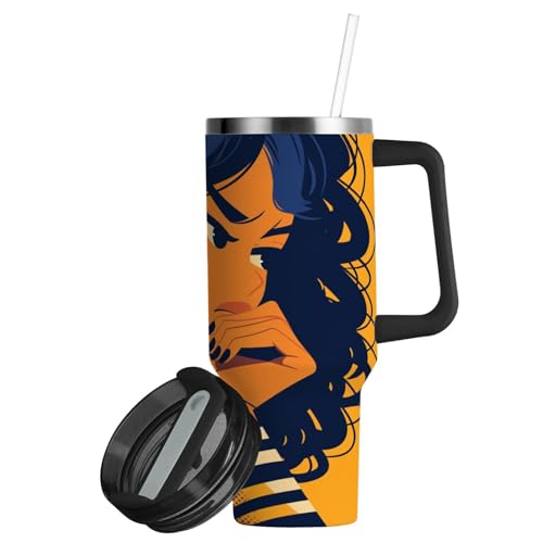 linqin Anxious Black Women Vacuum Tumbler Insulated with Straw Leak Resistant Flip 30 oz Travel Water Bottle Wide Mouth Coffee Mug Travel for Women Men Him Her