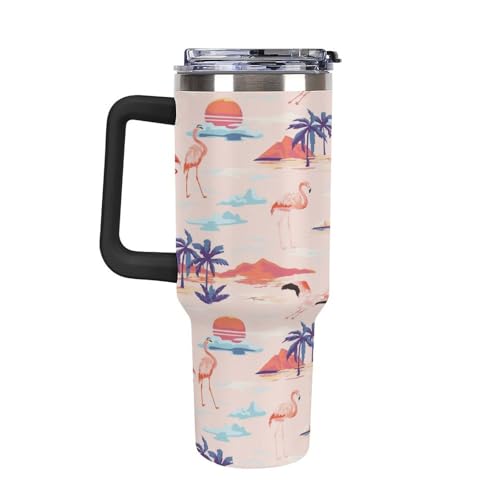 40oz Sunset Flamingo Insulated Stainless Steel Tumbler with Handle Leakproof Water Bottles Travel Mug with Lid And Straw