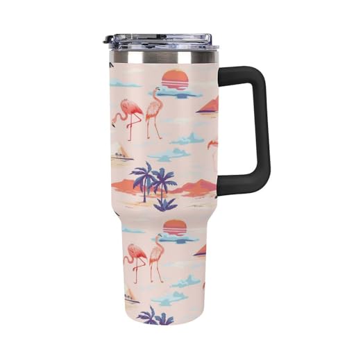 40oz Sunset Flamingo Insulated Stainless Steel Tumbler with Handle Leakproof Water Bottles Travel Mug with Lid And Straw