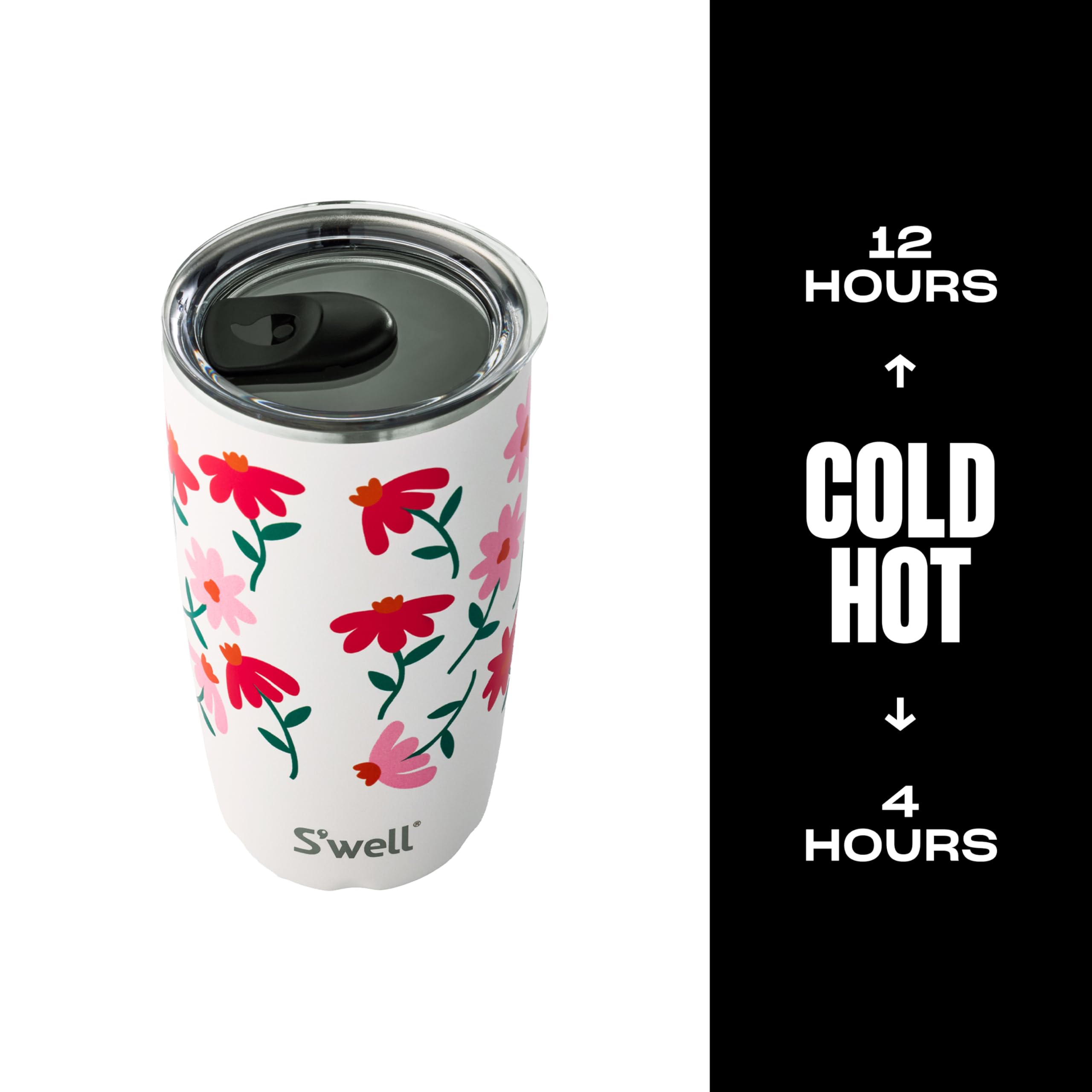 S'well Stainless Steel Tumbler with Slide-Open Lid, 18oz, Pink Daisy, Triple Layered Vacuum Insulated Containers Keeps Drinks Cold for 12 Hours and Hot for 4, BPA Free