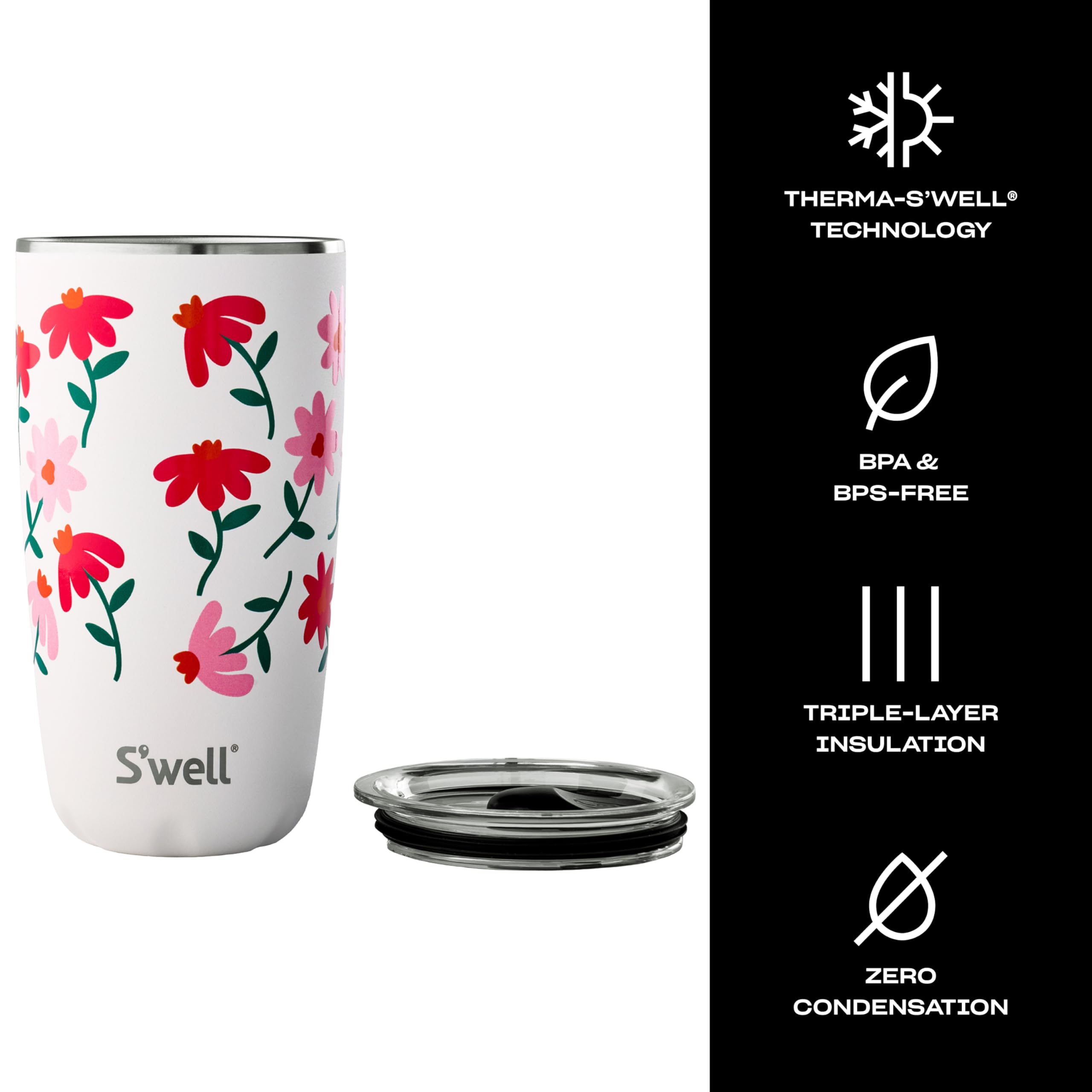 S'well Stainless Steel Tumbler with Slide-Open Lid, 18oz, Pink Daisy, Triple Layered Vacuum Insulated Containers Keeps Drinks Cold for 12 Hours and Hot for 4, BPA Free