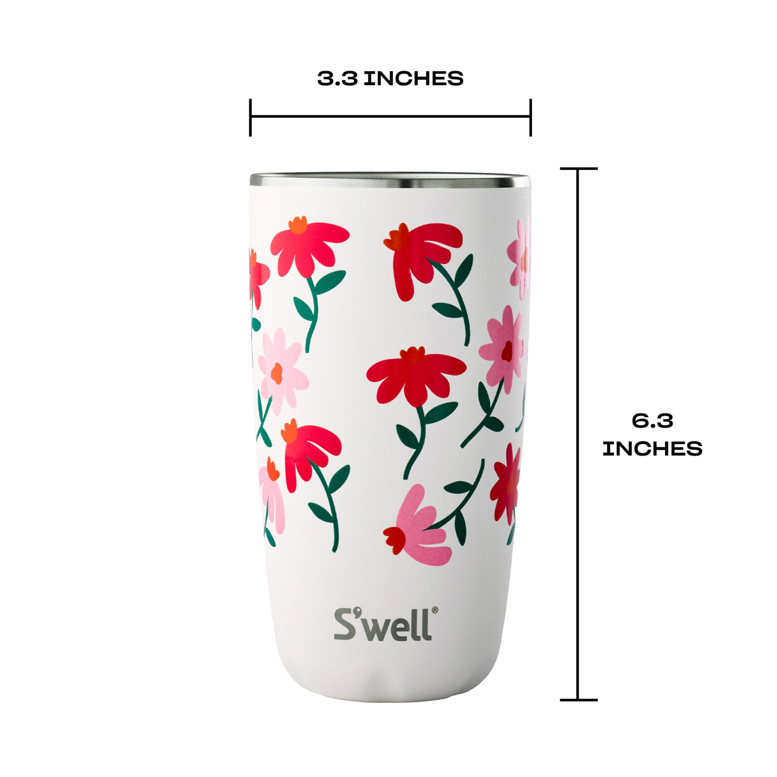 S'well Stainless Steel Tumbler with Slide-Open Lid, 18oz, Pink Daisy, Triple Layered Vacuum Insulated Containers Keeps Drinks Cold for 12 Hours and Hot for 4, BPA Free