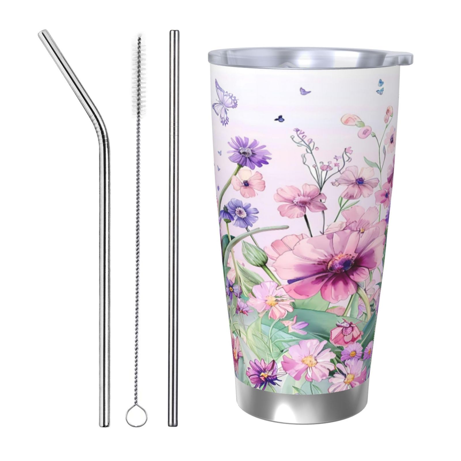 AYCZN Butterfly Daisy 20 OZ Tumbler Stainless Steel Travel Coffee Mug, Spring Floral Insulated Water Bottle with Lid and Straws Leakproof Thermal Cup