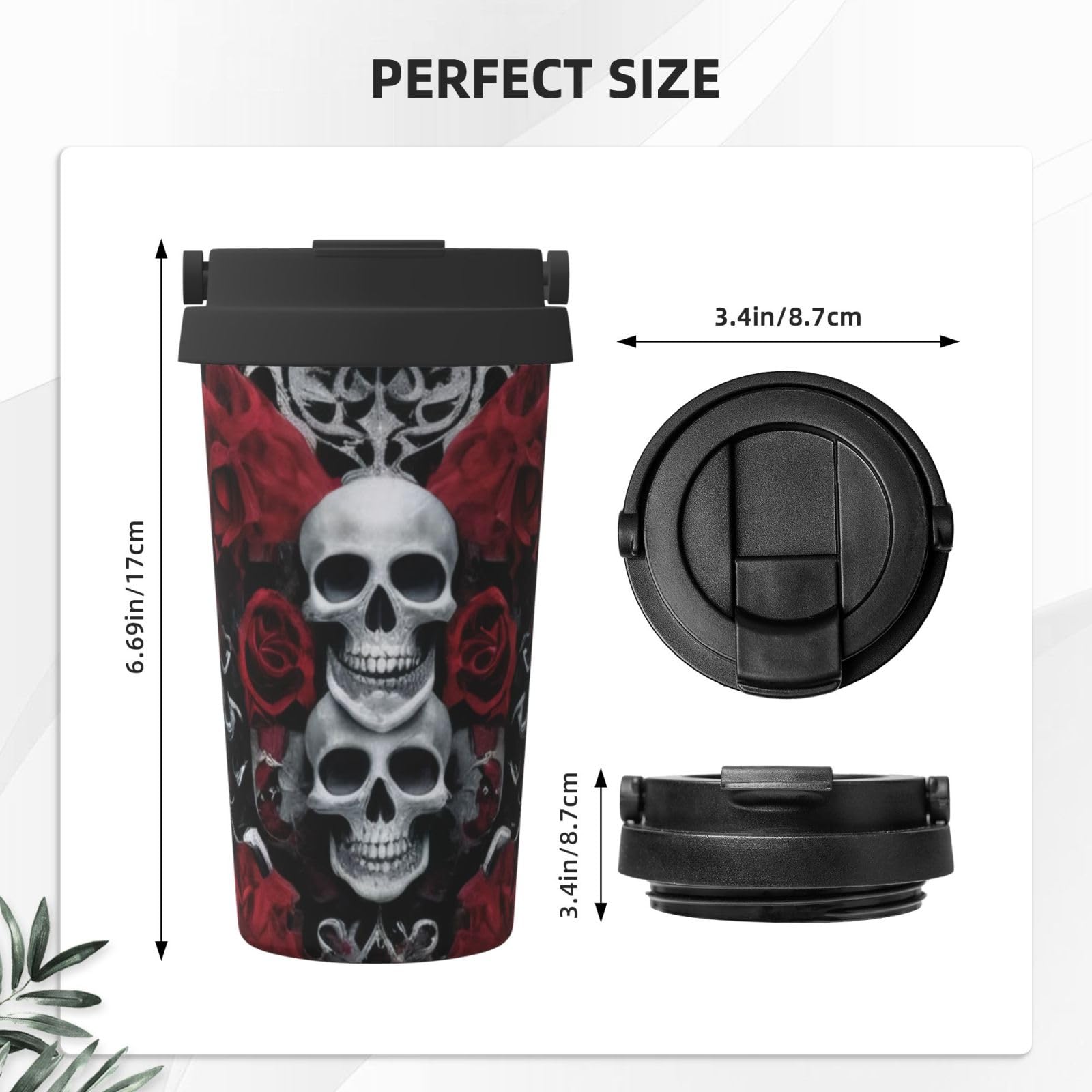Insulated Coffee Mug Skull Floral 17oz Double Wall Vacuum Stainless Steel Tumbler With Leak-Proof Lid And Handle, Cute Travel Thermos Mug For Cold Hot Drinks