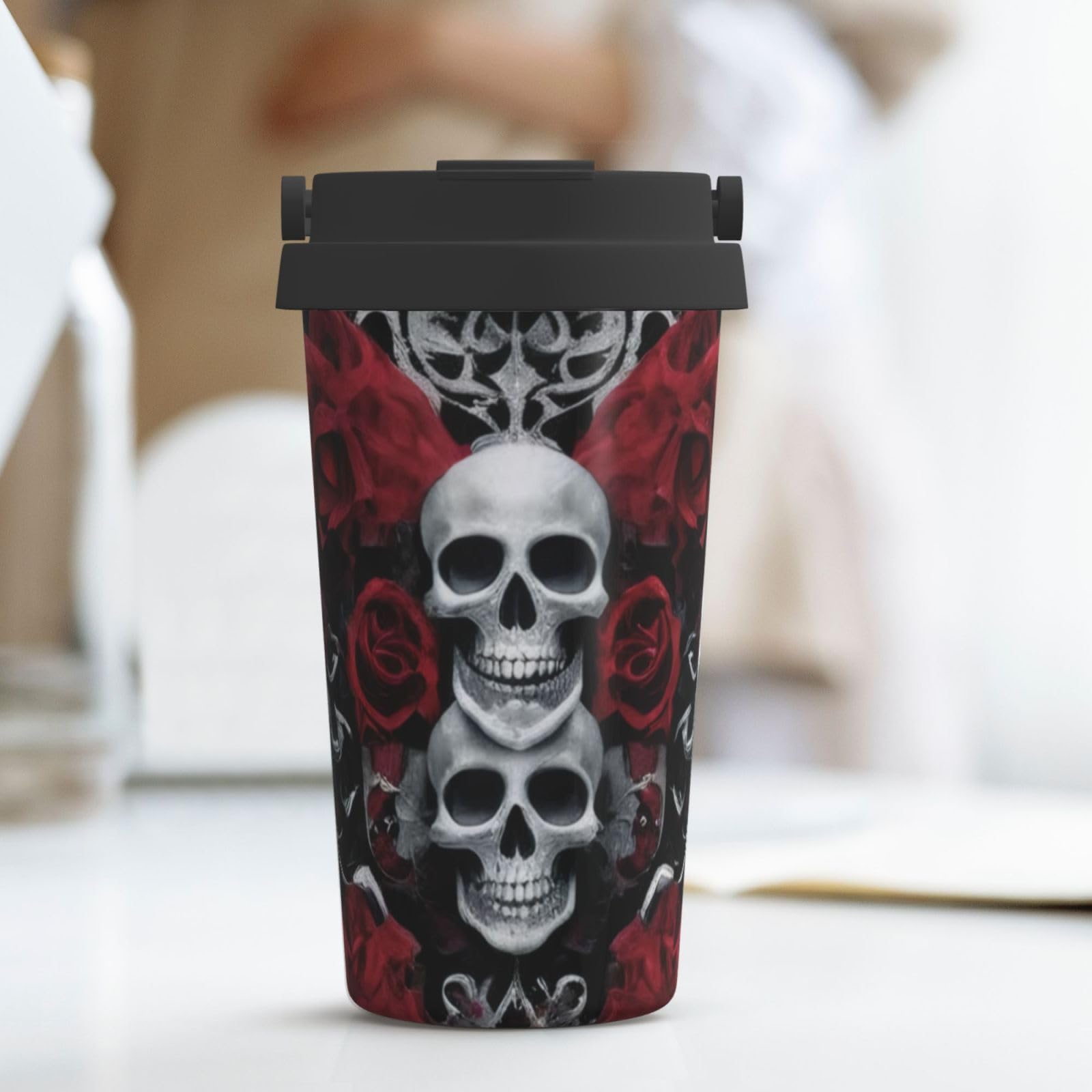 Insulated Coffee Mug Skull Floral 17oz Double Wall Vacuum Stainless Steel Tumbler With Leak-Proof Lid And Handle, Cute Travel Thermos Mug For Cold Hot Drinks