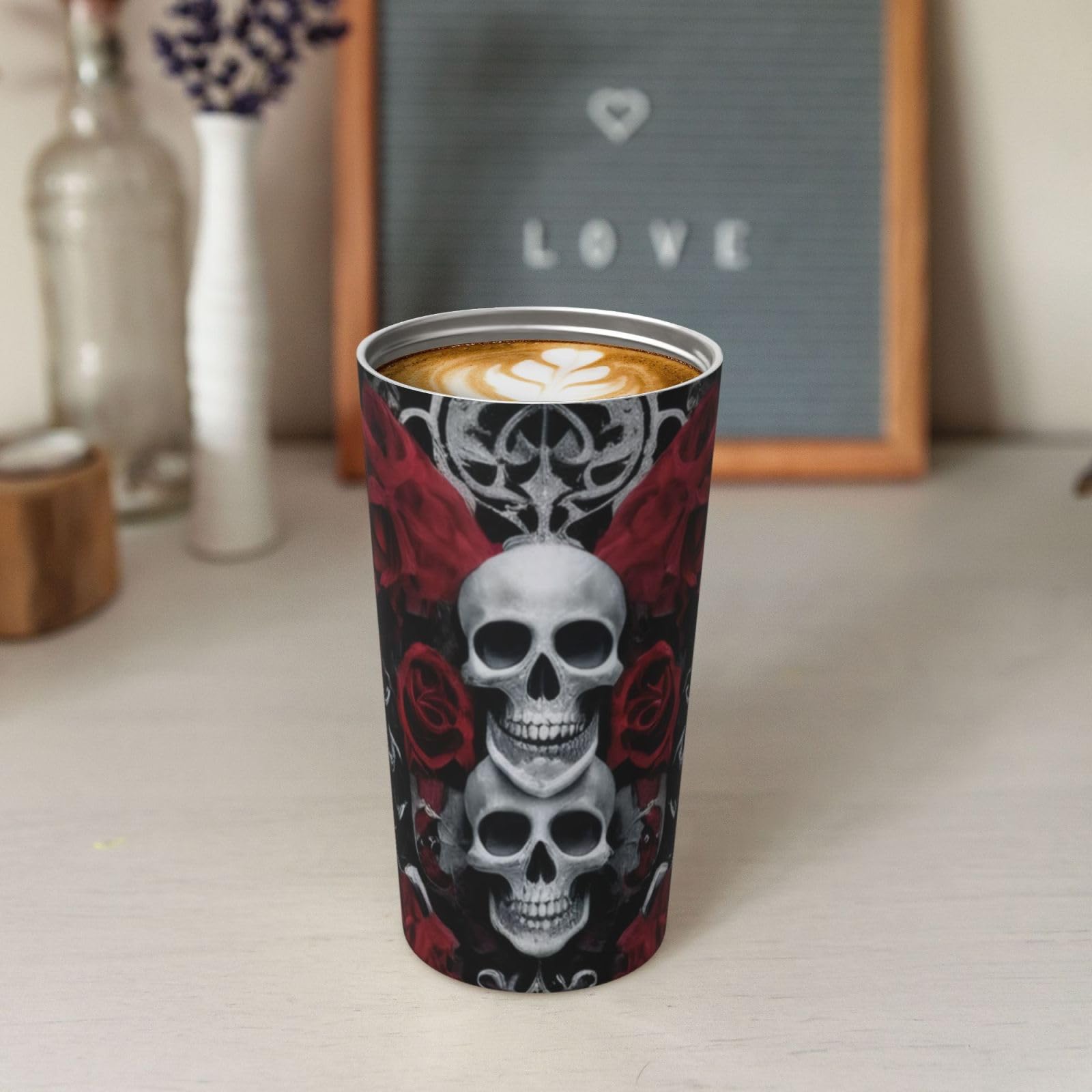 Insulated Coffee Mug Skull Floral 17oz Double Wall Vacuum Stainless Steel Tumbler With Leak-Proof Lid And Handle, Cute Travel Thermos Mug For Cold Hot Drinks