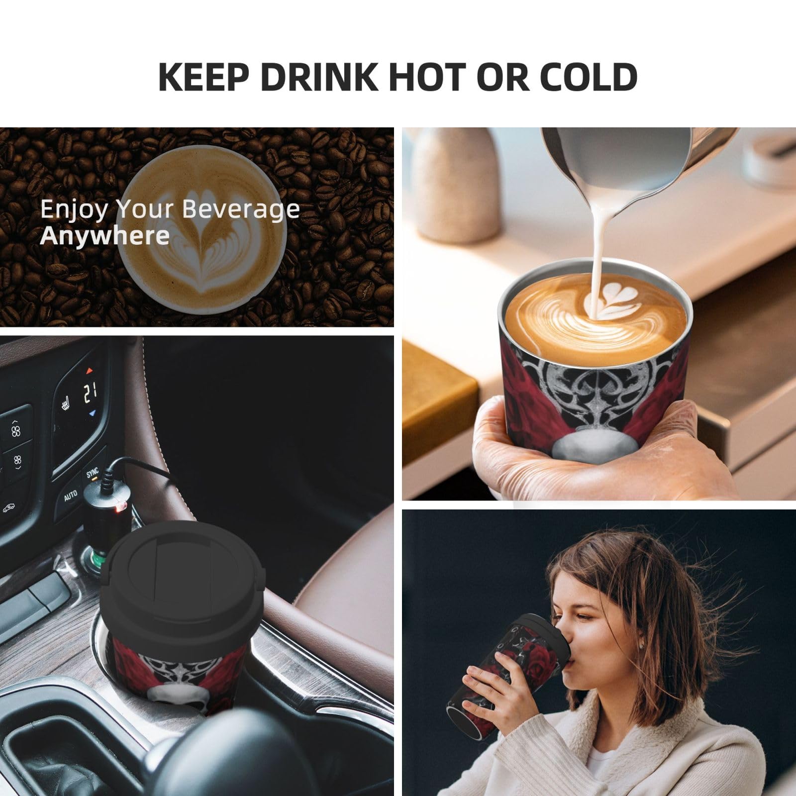 Insulated Coffee Mug Skull Floral 17oz Double Wall Vacuum Stainless Steel Tumbler With Leak-Proof Lid And Handle, Cute Travel Thermos Mug For Cold Hot Drinks
